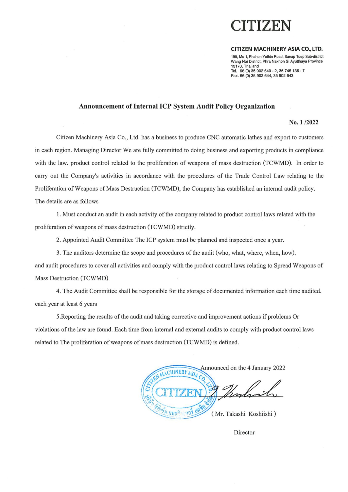 Announcement Of International ICP : CITIZEN MACHINEY ASIA CO.,LTD.